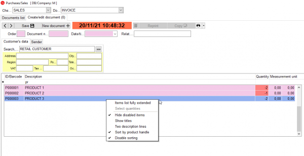 Item selection list settings in the document entry - SBZ Systems