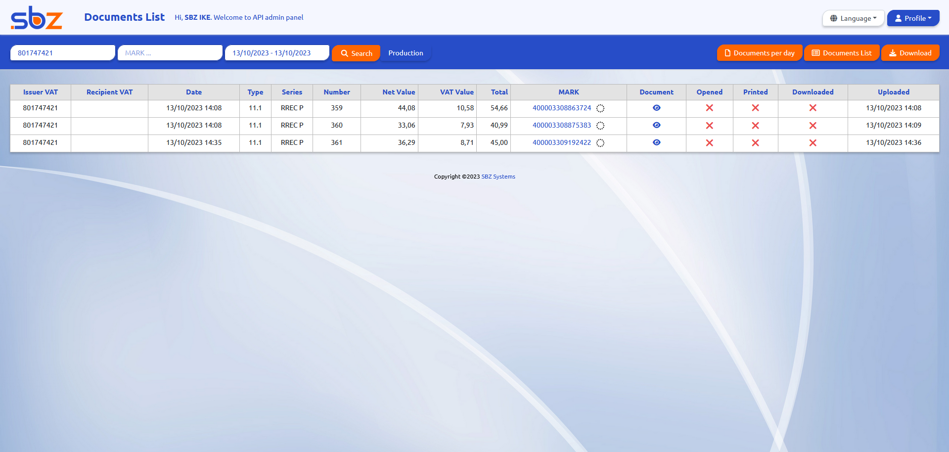 REST API of licensed provider SBZ, for submission and retrieval of myDATA documents - SBZ Systems